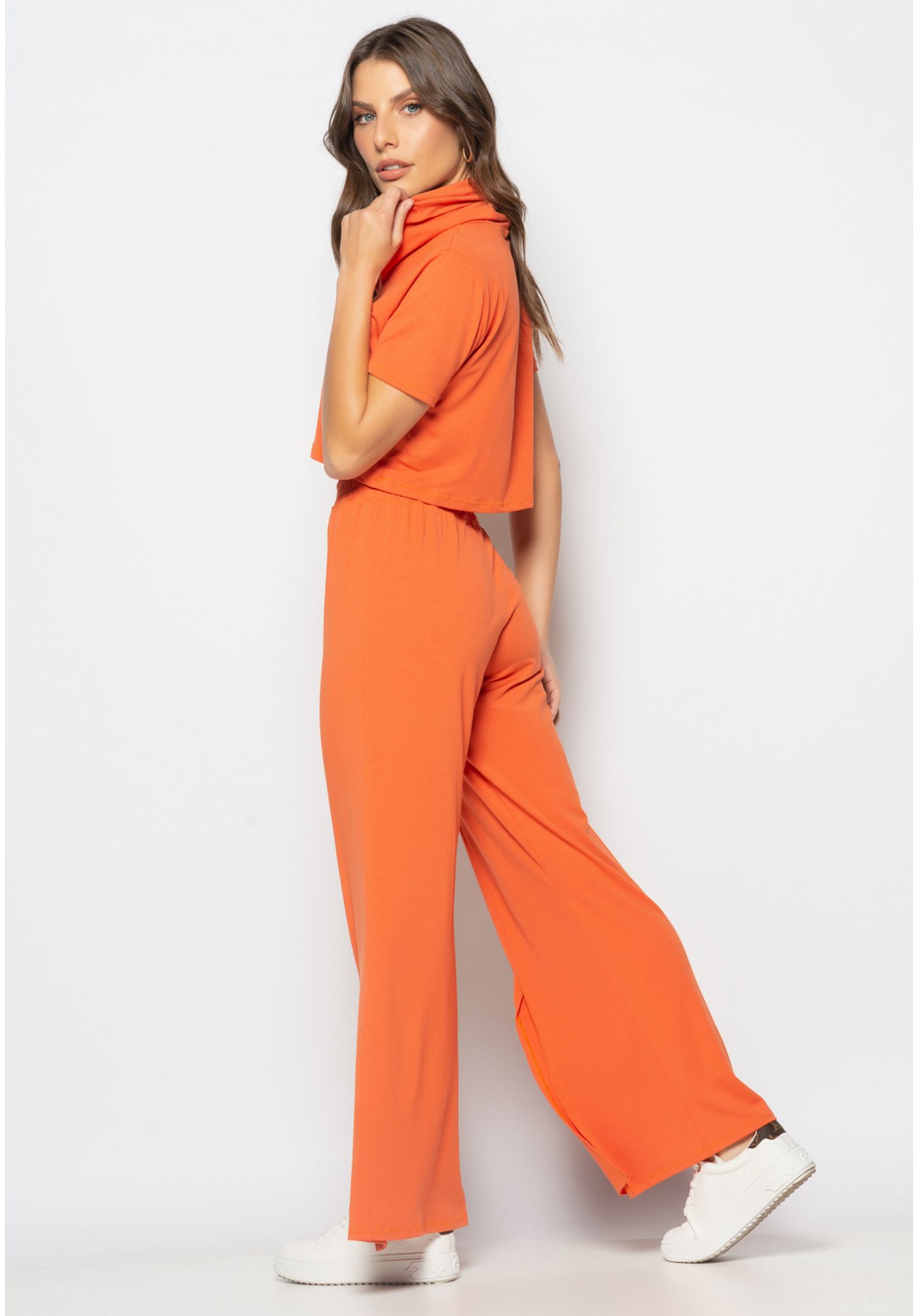 Conjunto Cropped Golão E Calça Fenda Frontal Malha Salvatore Telha ...