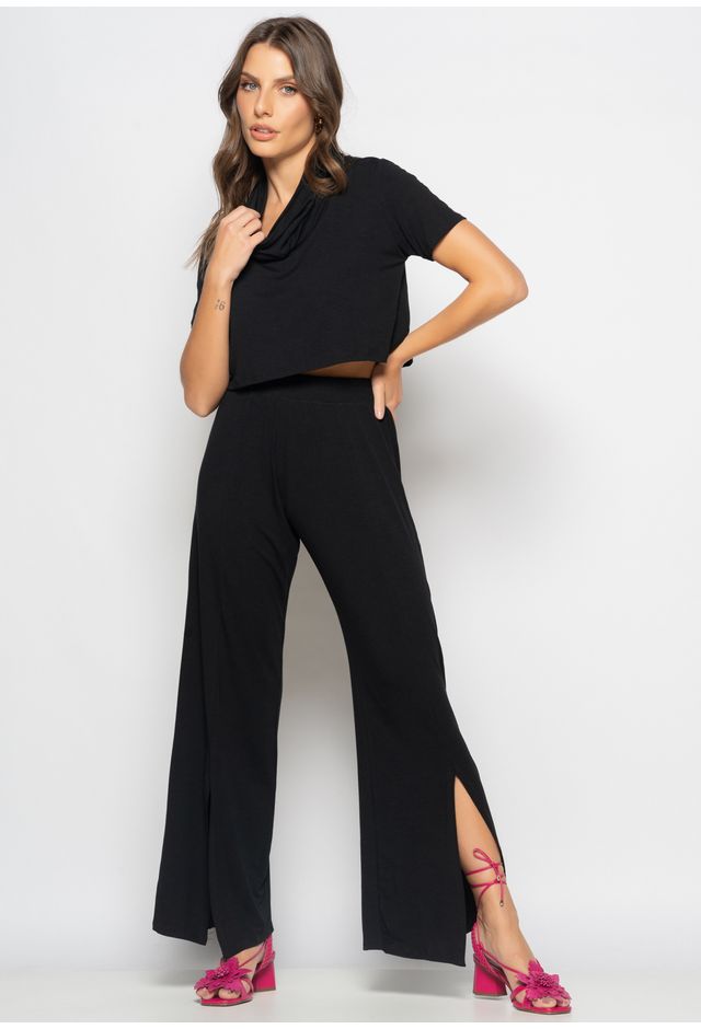 Conjunto Cropped Golão E Calça Fenda Frontal Malha Salvatore Preto ...